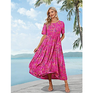 YESNO Women Casual Loose Bohemian Floral Dress with Pockets Short Sleeve Long Maxi Summer Beach Swing Dress L EJF CR26 Pink
