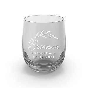 Engraved Stemless Wine Glass Gift for Bachelorette Party - Personalized for your Bridesmaids, Maid of Honor, Matron of Honor, Bridal Party (Seaweed)