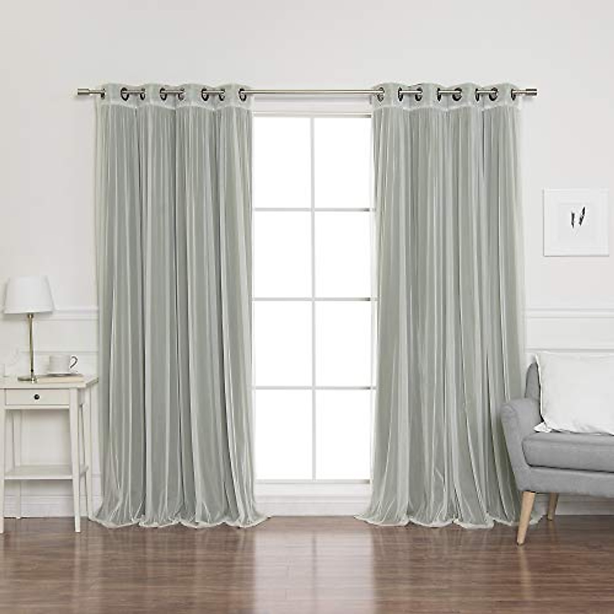 Best Home Fashion uMIXm Tulle Sheer Lace and Blackout 4 Piece Curtain Set – Antique Bronze Grommet Top – 52" W x 84" L – (Set of 4 Panels) (52" W x 84" L - Each Panel, Moss)