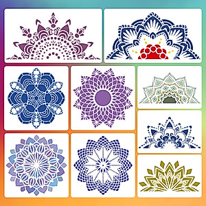 9 Pack Large Mandala Stencils for Painting Reusable Floral Mandala Drawing Stencils Mandala Painting Templates on Wood Floor Wall Tile Furniture Fabric Canvas Wood DIY Craft Art Supplies Home Decor
