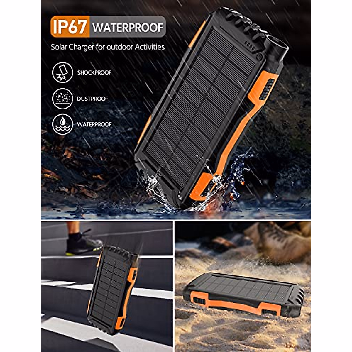 Solar Power Bank,Solar Charger,42800mAh Power Bank,Portable Charger,External Battery Pack 5V3.1A Qc 3.0 Fast Charging Built-in Super Bright Flashlight (Orange)