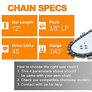 SUNGATOR 3-Pack 12 Inch Chainsaw Chain SG-R45, Compatible with Dewalt DCCS620B, DCCS620P1C, 3/8" LP Pitch - .043" Gauge - 45 Drive Links, Compatible with Craftsman, Ryobi and more