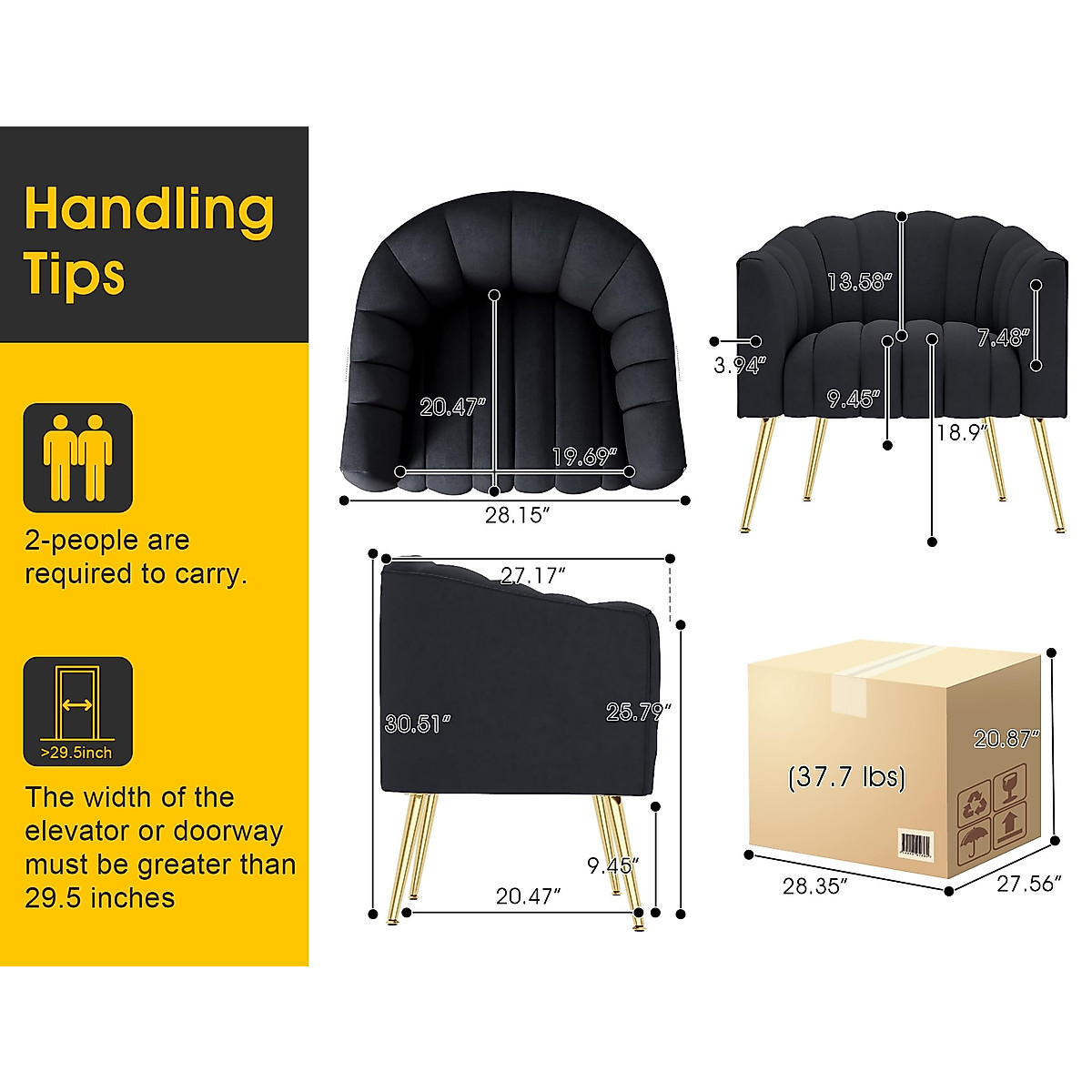 Dewhut Oversized Pumpkin Couch Accent Chair, Modern Comfy Velvet Upholstered Barrel Chairs, Luxury Single Sofa Armchair for Living Room, Waiting Room, Office and Vanity, (Black)