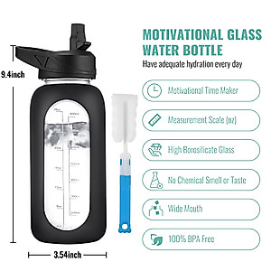 CIVAGO 32 oz Glass Water Bottle with Straw and Handle, Large Sports Motivational Water Bottle Flask with Time Marker and 2 Lids, Leakproof Water Jug Canteen with Silicone Sleeve for Gym,Black