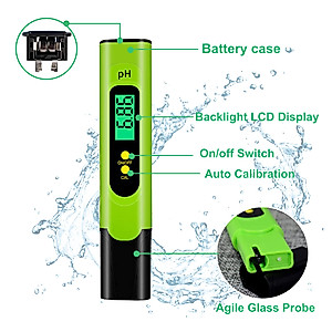 [New] Cyann PH Meter, Digital PH Tester Pen for Water, 0.01 High Precision Water Quality Tester with ATC Function, Backlight and 3 Calibration Powders, for Aquarium, Drinking Water and Pool