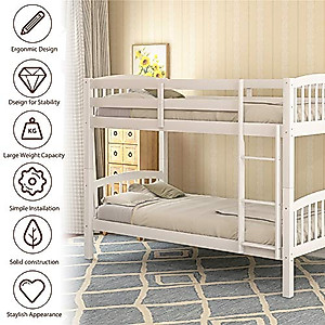 CJLMN Twin Over Twin Bunk Beds, Convertible Into Two Individual Solid Wood Beds, Children Twin Sleeping Bedroom Furniture Ladder and Safety Rail for Kids Boys & Girl, Easy Assembly (White)