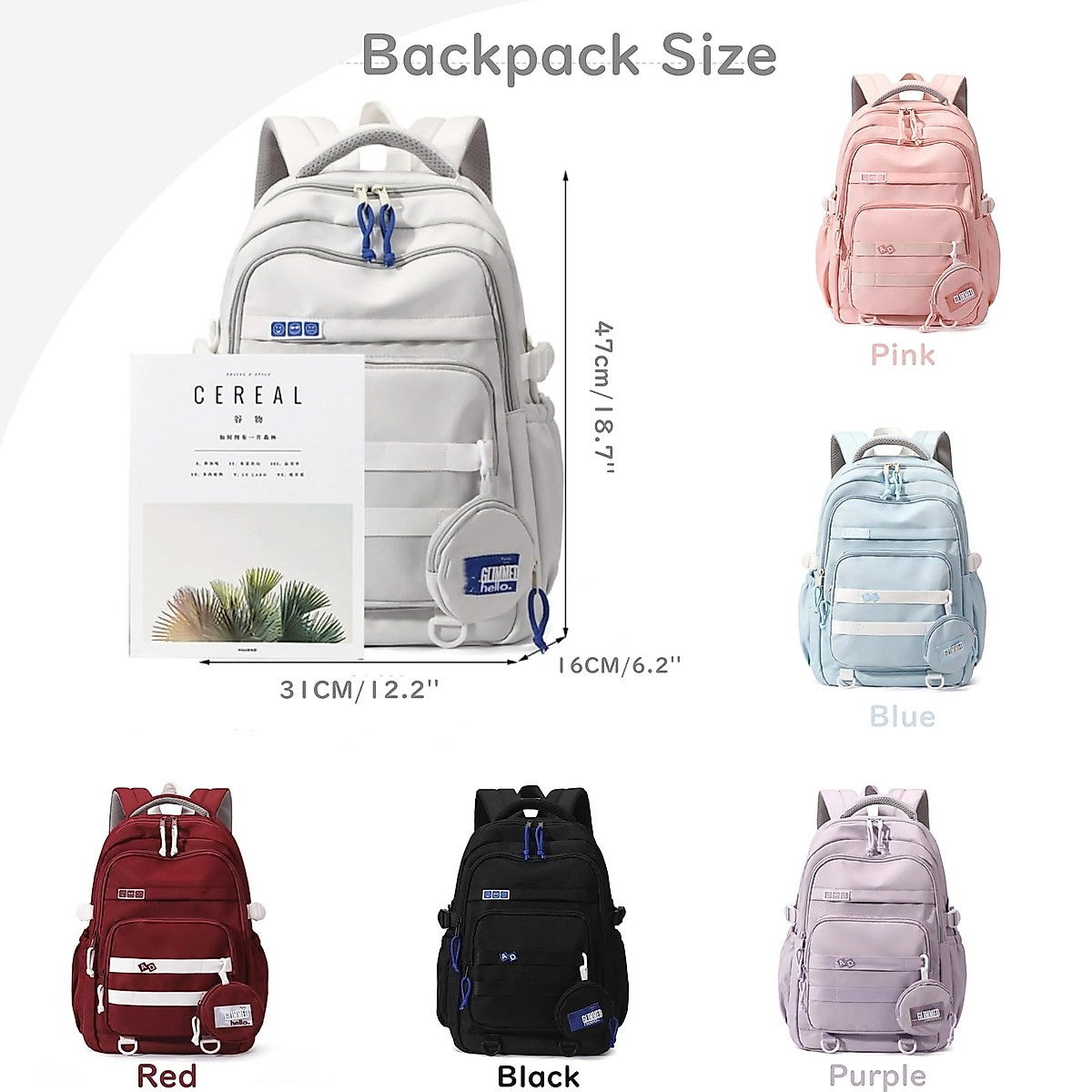 LANSHIYA Cute Aesthetic Backpack for Girls Middle School Students Bookbag Teens Solid Color Lightweight Travel Daypack Casual Schoolbag with Coin Pouch,Blue