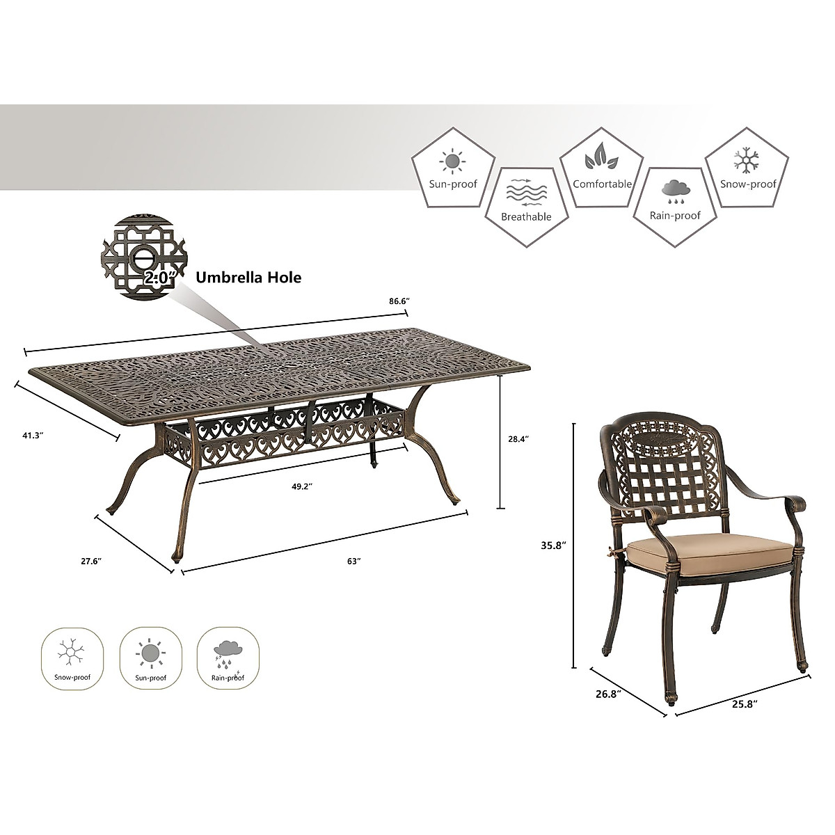 Grepatio 9 Piece Cast Aluminum Patio Furniture Set Outdoor Dining Set Bistro Furniture Set with 8 Armchairs and Dining Table, 8 Cushions for Backyard Garden Poolside (8 Grid Chairs)