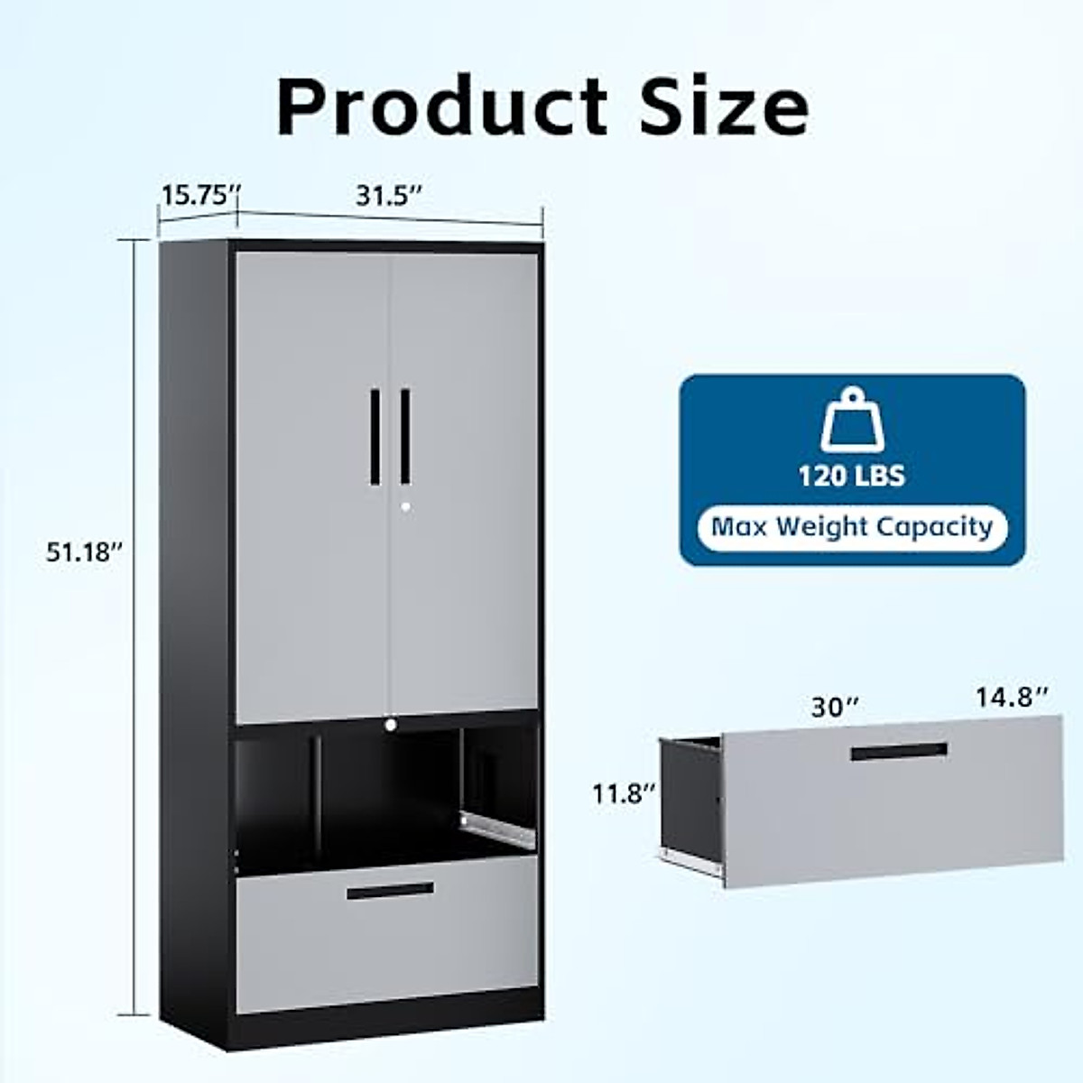 PEUKC 2-Drawer Metal File Cabinet,Lateral Filing Cabinets for Home Office,Locking File Cabinet with Storage Shelves,Legal/Letter/A4 Size Office File Cabinet,(Black Grey, Assemble Required)