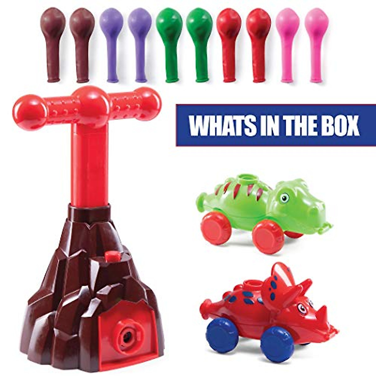 Prextex Air-Powered Dinosaur Car w/ Volcano Inflator/Pump & Balloon | Kids Science/STEM Toy Kit | Boy, Girl, Kid Gift Set Toys