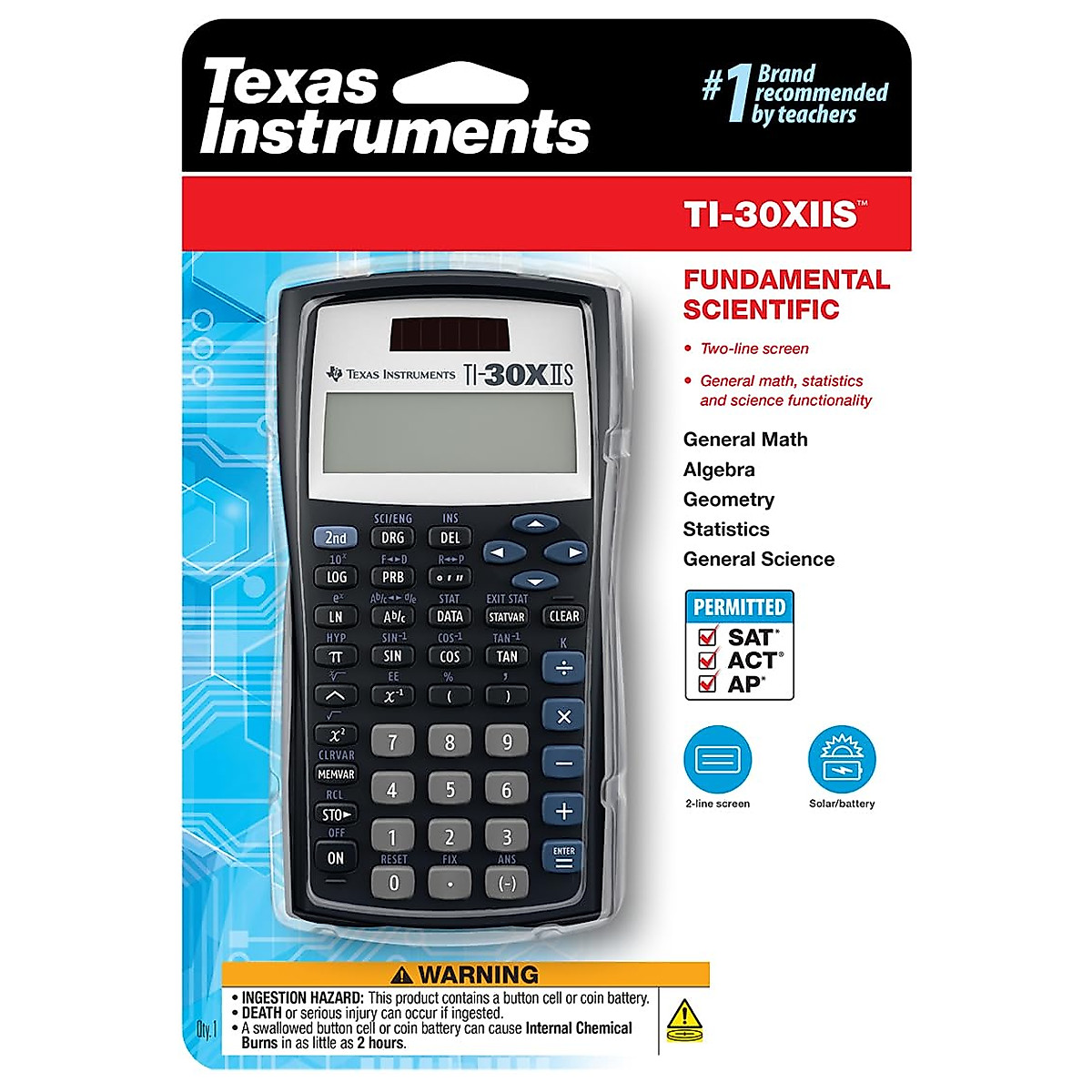 Texas Instruments TI-30XIIS Scientific Calculator, Black with Blue Accents