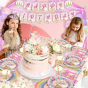 Princess Birthday Party Supplies, Includes Banner, Plates, Tulle, Napkins, Cake Toppers, Crowns, Wands, Balloons, Tablecloths, for Girls Princess's Themed Baby Shower Decorations, Serve 20 (Style A)