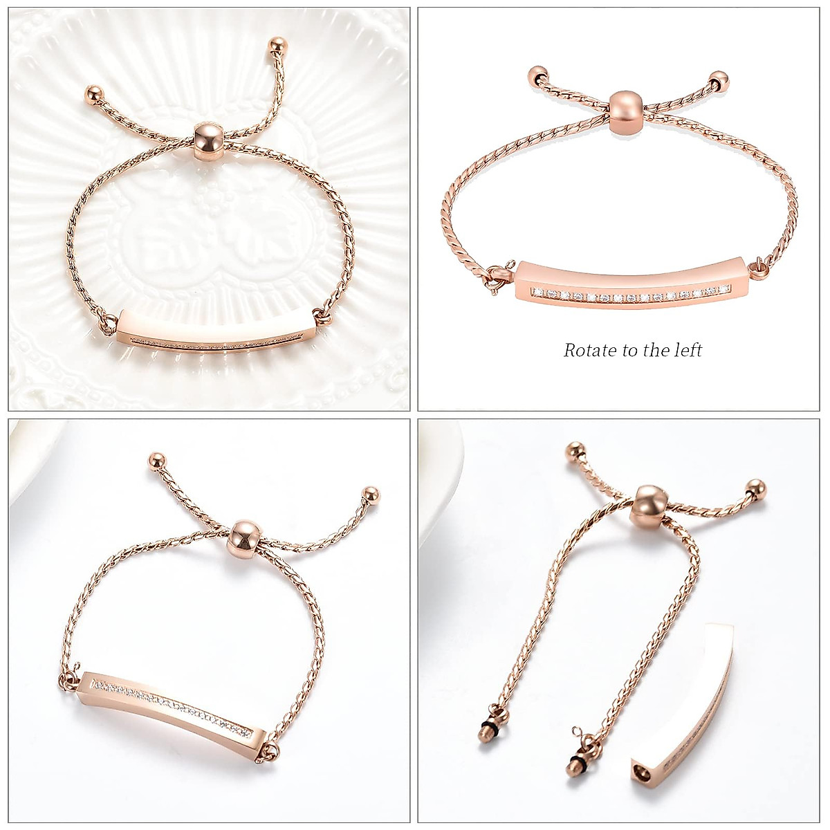 Hearbeingt Memorial Ashes Bracelet,Cremation Jewelry Urn Bracelet for Ashes Adjustable Classic Crystal Keepsake Bangle for Women(Rose Gold)