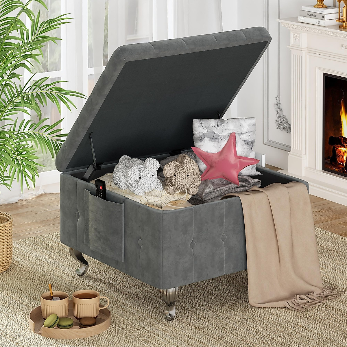 DKLGG Large Square Storage Ottoman Tufted, Oversized Ottoman Coffee Table for Living Room, Velvet Upholstered Ottoman with Storage, Grey Ottoman Bench for Bedroom