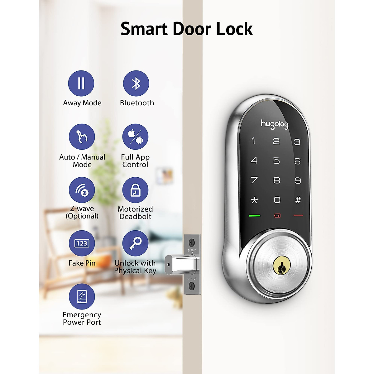 Hugolog Smart Lock,Keyless Entry Door Lock,Keypad Smart Door Lock,Smart Deadbolt Lock,Electronic Door Lock with Keyless Deadbolt,Bluetooth Digital Door Lock for Home,Airbnb,Garage