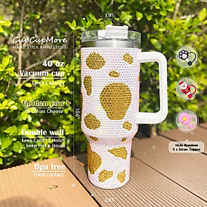 Cupcupmore 40oz Golden Cow Bling Rhinestone Stainless Steel Sippy Tumbler Glitter Vacuum Insulated Water Bottle with Straw & Lid & Handle,Thermos for Hot & Cold Drinks,Car Cup Holder,Coffee