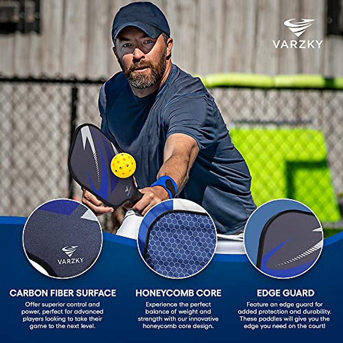 VARZKY Pickleball Paddles Set of 2 - USAPA Carbon Fiber Paddles with Advanced Polymer Honeycomb Core Technology - Lightweight Paddles with Anti-Slip Cushioned Grip - Beginners and Professional