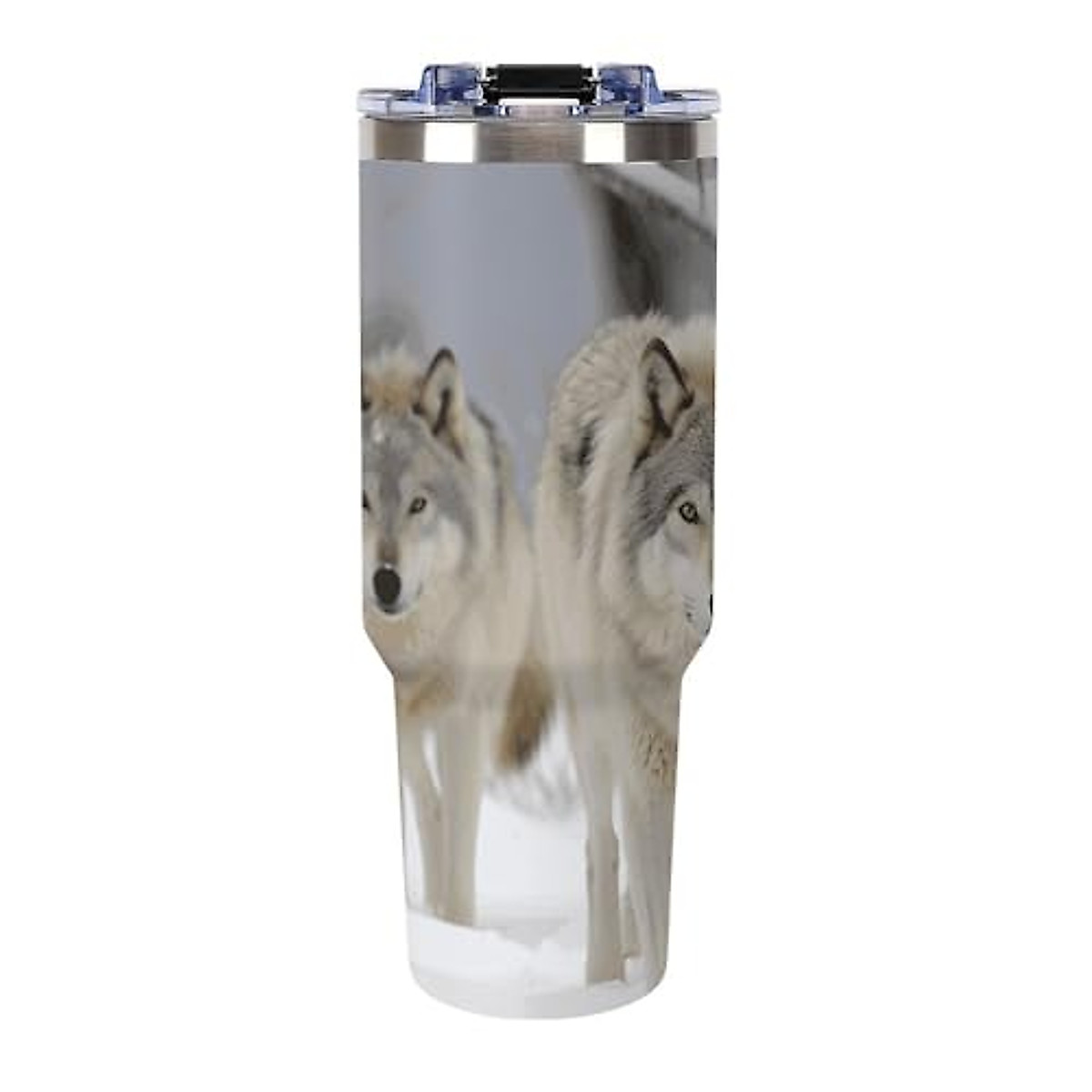 40 Oz Vacuum Tumbler with Deep Blue Handle Leakproof Insulated Tumbler Two Wolves Walking in The Snow Stainless Steel Travel Mug with Lid And Straw Coffee Cup Cute Water Bottles Cup Holder Friendly