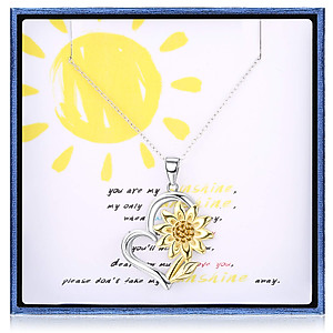 MILACOLATO 925 Sterling Silver Sunflower Necklace 14K Gold Plated You're My Sunshine Sunflower Heart Pendant Necklace with Shiny Cubic Zirconia Sunflower Jewelry for Women Mom Valentines Day