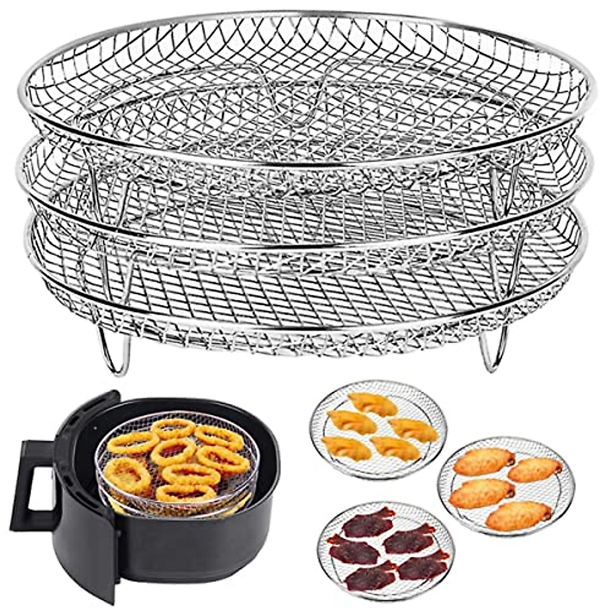 3 Layer Air Fryer Three Stackable Dehydrator Racks 304 Stainless Steel Air Fryer Basket Tray Air Fryer Accessories Dishwasher Safe Fit for Oven and Press Cooker Compatible with Most Air Fryer (Round)