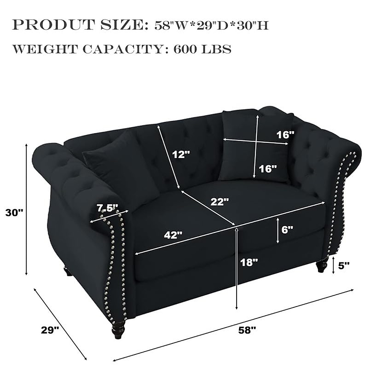 AZSJML 58.8" Chesterfield Loveseat Velvet Sofa for Living Room,Modern Upholstered 2-Seater Couch, Tufted Velvet Casual Sofa Rolled Arms and Nailhead with 2 Pillows for Bedroom, Office, Black