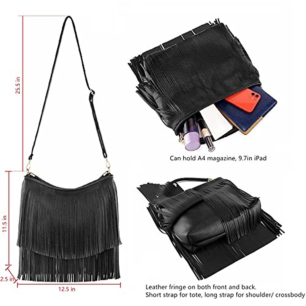 Teanea Fringe Tote Handbag PU Leather Hobo Bag Tassel Crossbody Shoulder Bag for Women, Black