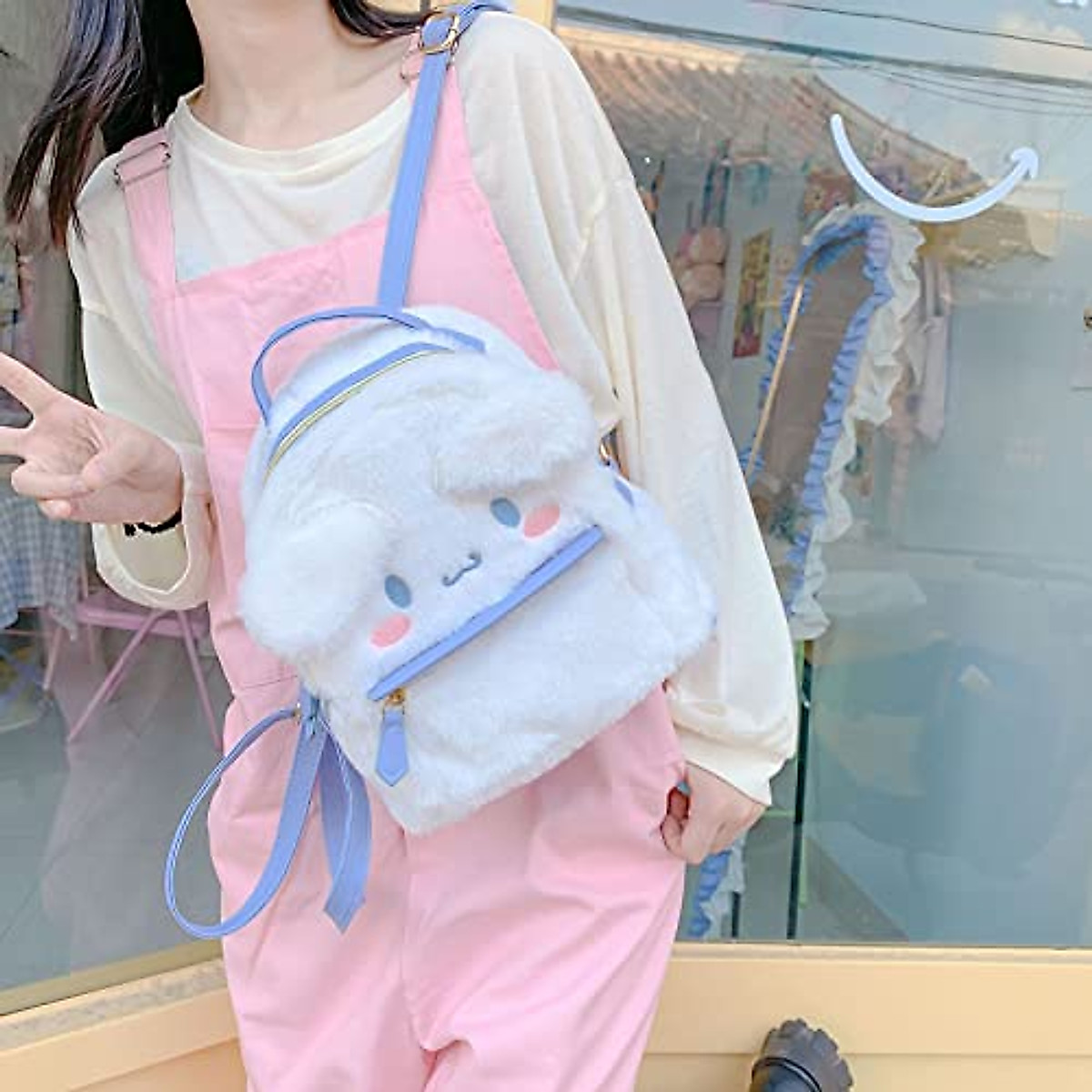 Cute Girl Small Plush Bag Backpacks Kawaii Cartoon Japanese Anime Furry Bag Leisure Daily Backpack Schoolbag Bookbag, White Dog