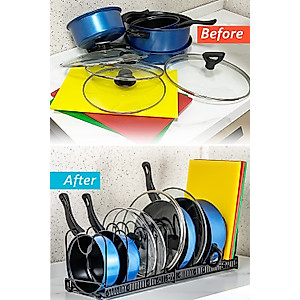 KLEVERISE 10 Dividers Expandable Pot Pan Organizer Rack Storage Under Cabinet– Heavy Duty Cast Iron Adjustable DIY Pot Pan Rack - Space Saving Pot Pan Lid Holders