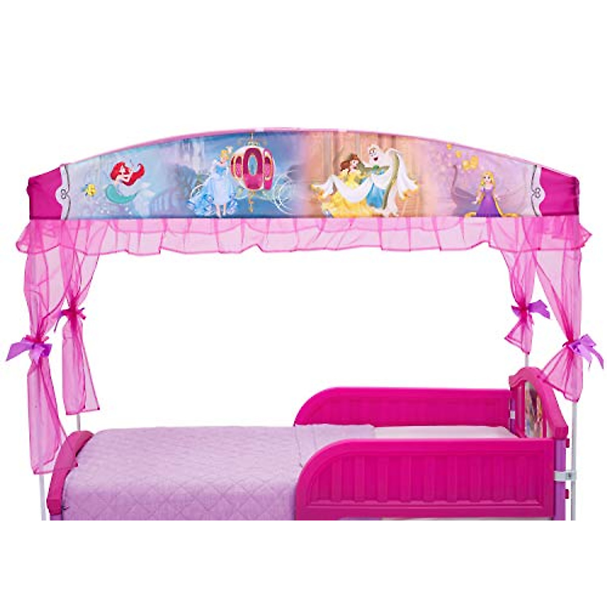 Delta Children Canopy Toddler Bed, Disney Princess + Delta Children Twinkle Galaxy Dual Sided Recycled Fiber Core Toddler Mattress (Bundle)