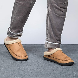 WOTTE Men's Moccasin Slippers Microsuede Fleece Fuzzy Lined Memory Foam House Shoes for Indoor Outdoor Size 9-10 Brown