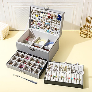 BOOVO Earring Jewelry Box For Women Girl Stud Organizer, 5 Layers Girl Jewelry Organizer Box With Lock Earring Holder Organizer Necklace Ring Jewelry Organizer Box For Girls (grey)