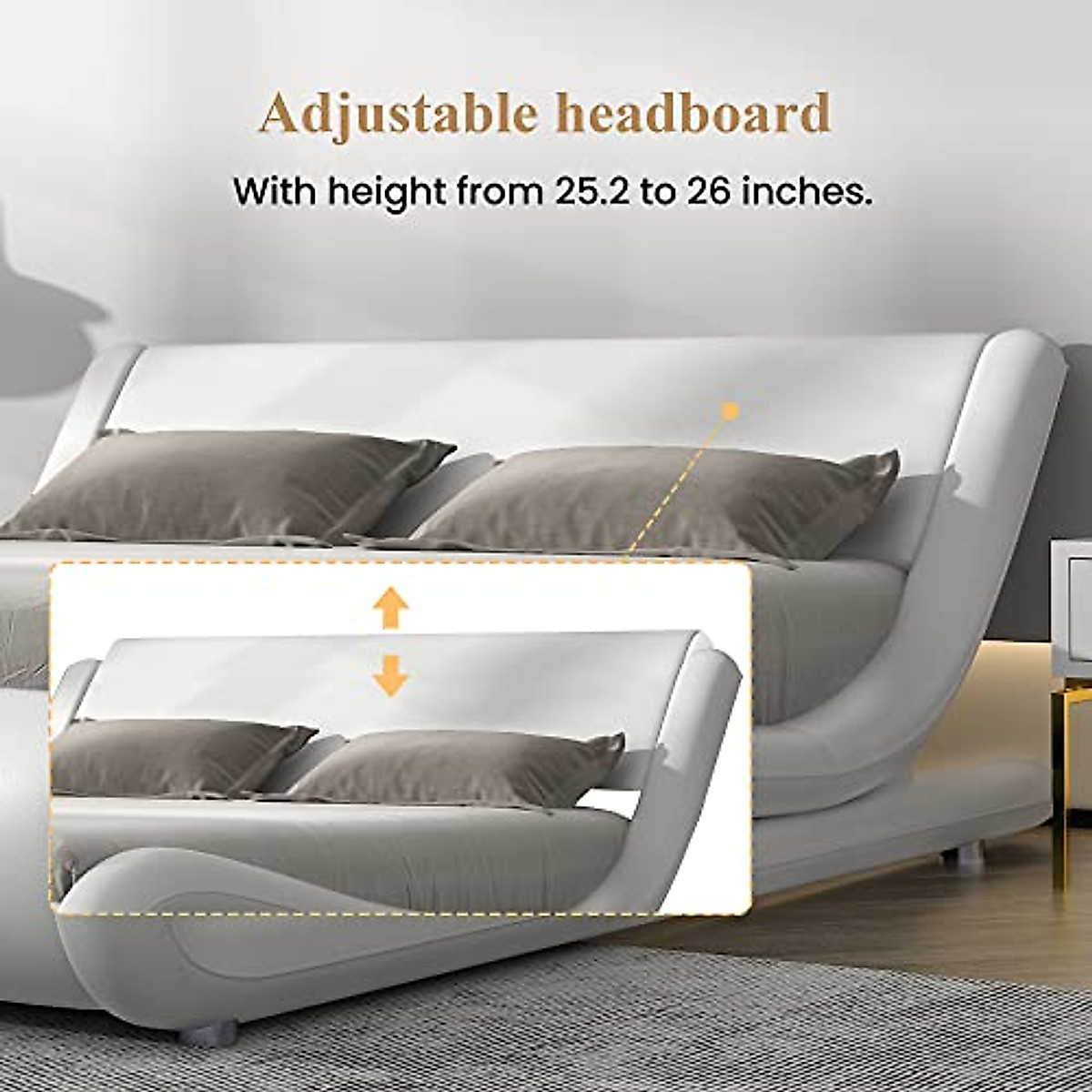 SHA CERLIN Full Size Bed Frame Luxury Wave-Like Modern Upholstered Low Profile Platform Bed, Faux Leather Sleigh Bed with Adjustable Headboard, No Box Spring Needed, White