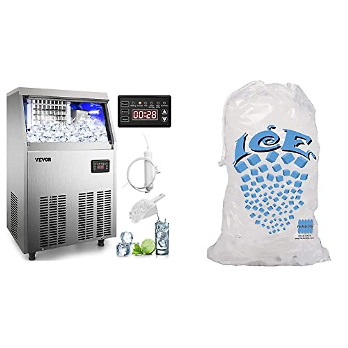VEVOR Commercial Ice Maker Machine, 120-130LBS/24H with 33LBS Bin, Stainless Steel Automatic Operation Commercial Ice Maker & Perfectware - PW Icebags-DS-100ct 10lb Ice Bags with Drawstring-100ct