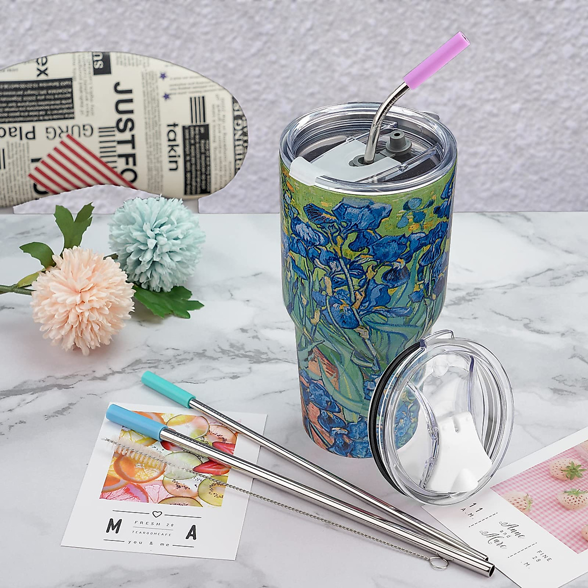 30 oz Tumbler with Lids and Straws,18/8 Stainless Steel Vacuum Insulated Travel Tumbler,Insulated Coffee Mug Water Cup with Leak-Proof Straw Lid & Flip Lid,3 Metal Straws,1 Cleaning Brush(Blue Green)