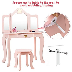 INFANS 2-in-1 Kids Dressing Table & Stool Set, Toddler Wooden Vanity Table with Tri-Fold Mirror & Drawer, Detachable Large Top, Princess Pretend Play Makeup Dresser for Little Girls