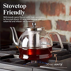 Teapot with Infuser for Loose Tea - 33oz, 4 Cup Tea Infuser, Clear Glass Tea Kettle Pot with Strainer & Warmer - Loose Leaf, Iced Tea Maker & Brewer