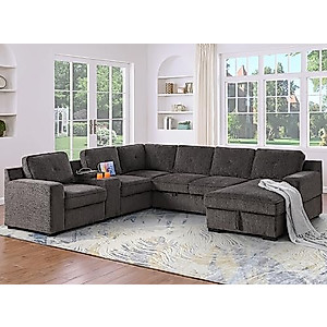 YOPTO Sectional Sleeper Sofa,Modular Couch with Pull Out Bed,Convertible L Shaped Sectionals W/Storage Chaise & Console,Cup Holder,USB & Type-C Port,Chenille Fabric,5 Seater for Living Room,Brown,120"