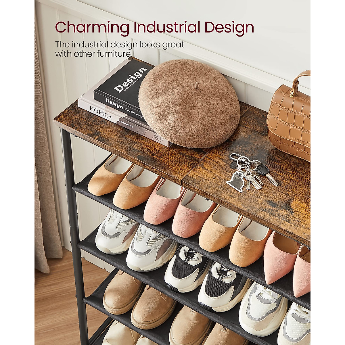 VASAGLE Shoe Rack 5 Tier, Narrow Shoe Organizer for Closet Entryway, with 4 Fabric Shelves and Top for Bags, Shoe Shelf, Steel Frame, Industrial, Rustic Brown and Black ULBS036B01