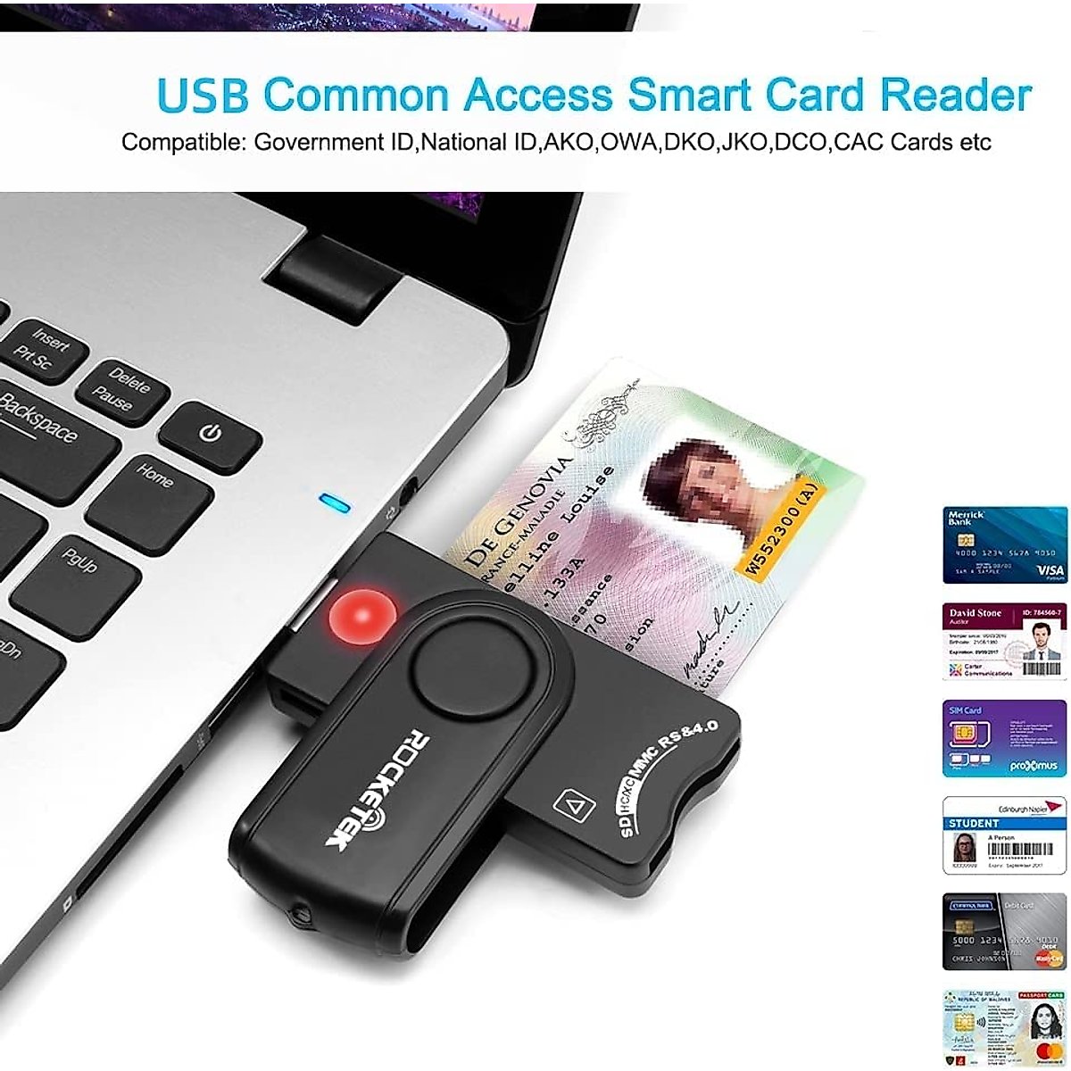 USB Smart Card Reader, Rocketek DOD Military USB Cac Memory Card Reader Compatible with Windows, Linux/Unix, MacOS X - Build In SDHC/SDXC/SD Card Reader and Micro SD Card Reader