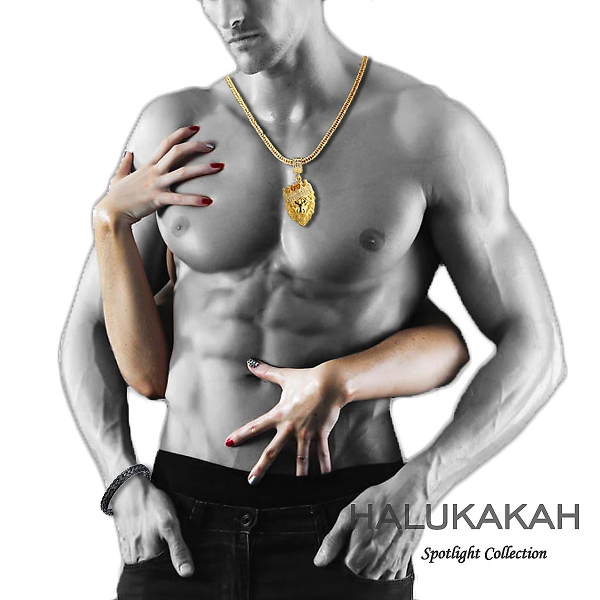 Halukakah 18k Real Gold Plated Men Necklace Large Crown Lion Pendant Lab Diamonds 7mm Sharktail Chain 30", with Giftbox