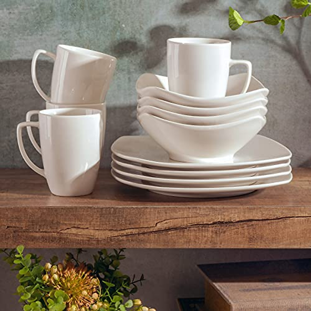 Gibson Home Amelia Court Porcelain Dinnerware set, Service for 4 (12pcs), White (Soft Square)