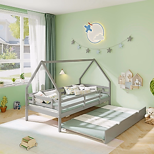 Giantex Twin House Bed with Trundle, Wood Kids Bed Frame with Roof & Fence Rails, Montessori Bed for Kids, Teens, Girls & Boys, No Box Spring Needed, Kids Trundle Bed Twin, Grey
