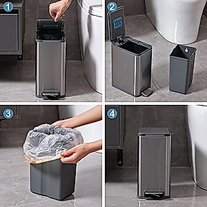 ELPHECO 1.3 Gallon / 5 Liter Rectangular Step Trash Can with Plastic Inner Buckets, Brushed Stainless Steel Narrow Bathroom Trash Can with Lid, Slim Bathroom Wastebasket with Foot Pedal, Brushed Silver