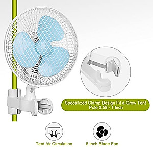 blessny 6 Inch Oscillating Grow Tent Clip on Fan for Pole Mount 0.6-1 inch, 8 Ft Long cord Small growing Monkey Fan Oscillation for Hydroponic, 20W 2-Speed Super quiet with Heavy duty Clamp