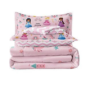 SIRDO Kids Magical Princess Comforter Set Bed in a Bag Twin Size- 5 Piece Soft Cute Castle Bedding Set for Girls (1 Comforter, 1 Flat Sheet, 1 Fitted Sheet, 2 Pillowcases), Pink