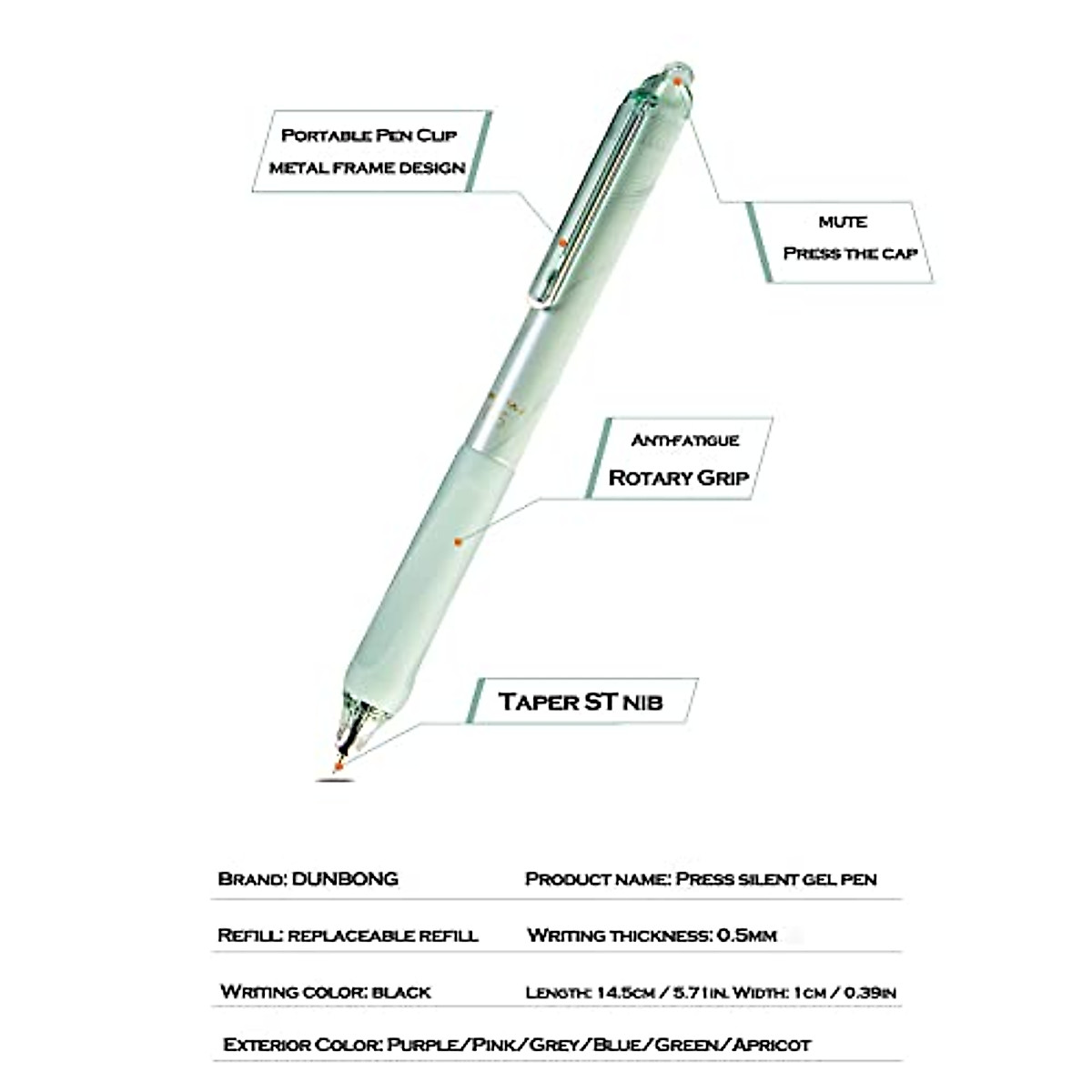 DUNBONG Retractable 0.5mm Porous Point Pen, metal clip, non-slip pen holder, Black ink gel pens, Box of 6 Pens (6)