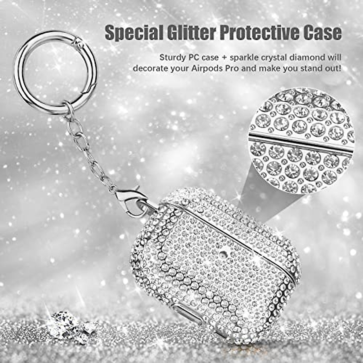Case for AirPods Pro 2nd Generation, Filoto Cute AirPod Pro 2 Protective Case Cover for Women Girls, Bling Crystal PC Apple Air Pods Pro Cases Accessories with Lobster Clasp Keychain (Silver)