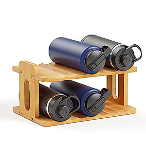 Greenual Bamboo Water Bottle Organizer for Cabinet with Labels, Kitchen Pantry Water Bottle Storage Rack for Cabinets, Home Cup and Wine Bottle Holder Shelf Organizers, (2-Tier, Hold 6 Bottles)