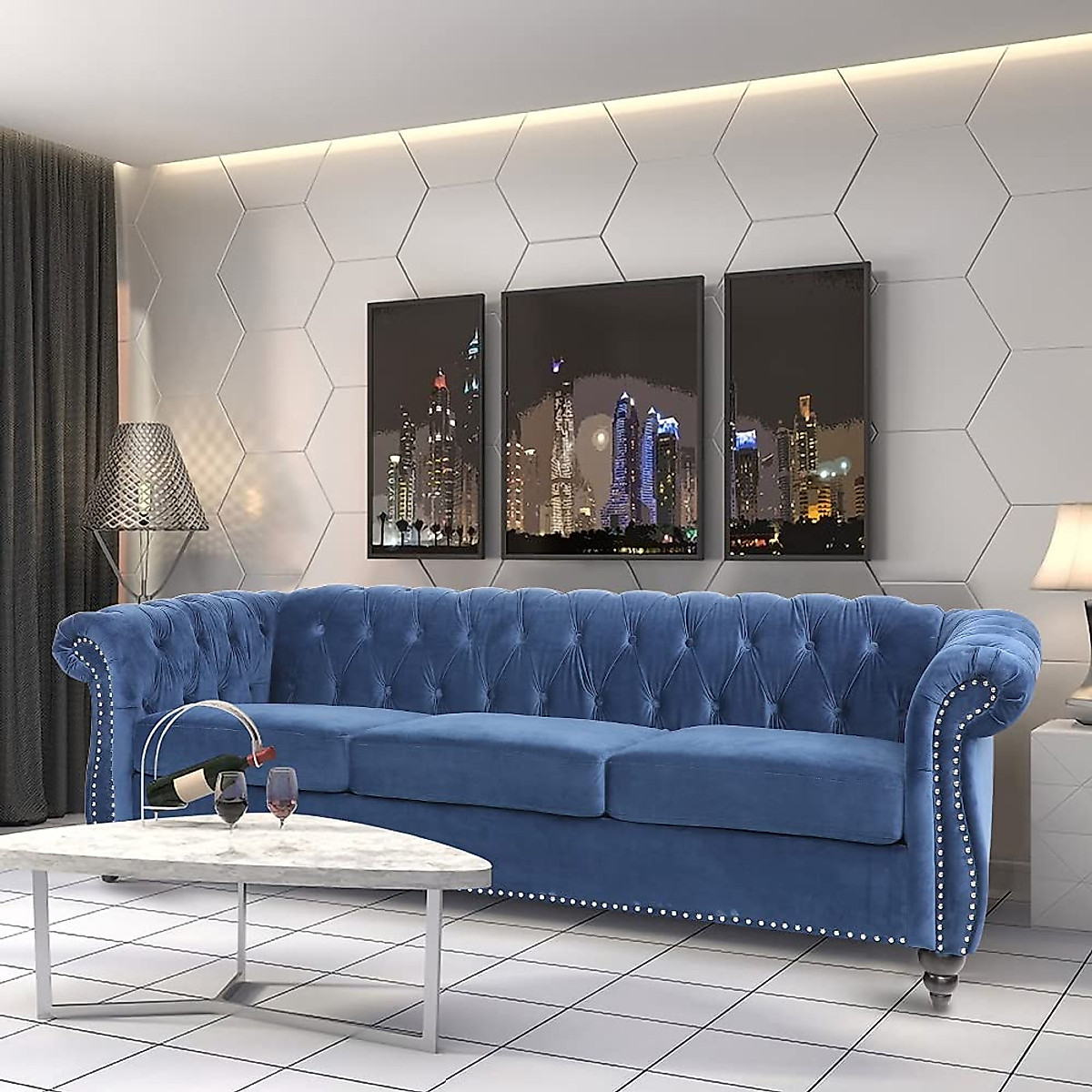 NOSGA Large Sofa, Modern 3 Seater Couch Furniture, Three-seat Sofa Classic Tufted Chesterfield Settee Sofa Tufted Back for Living Room (Blue)