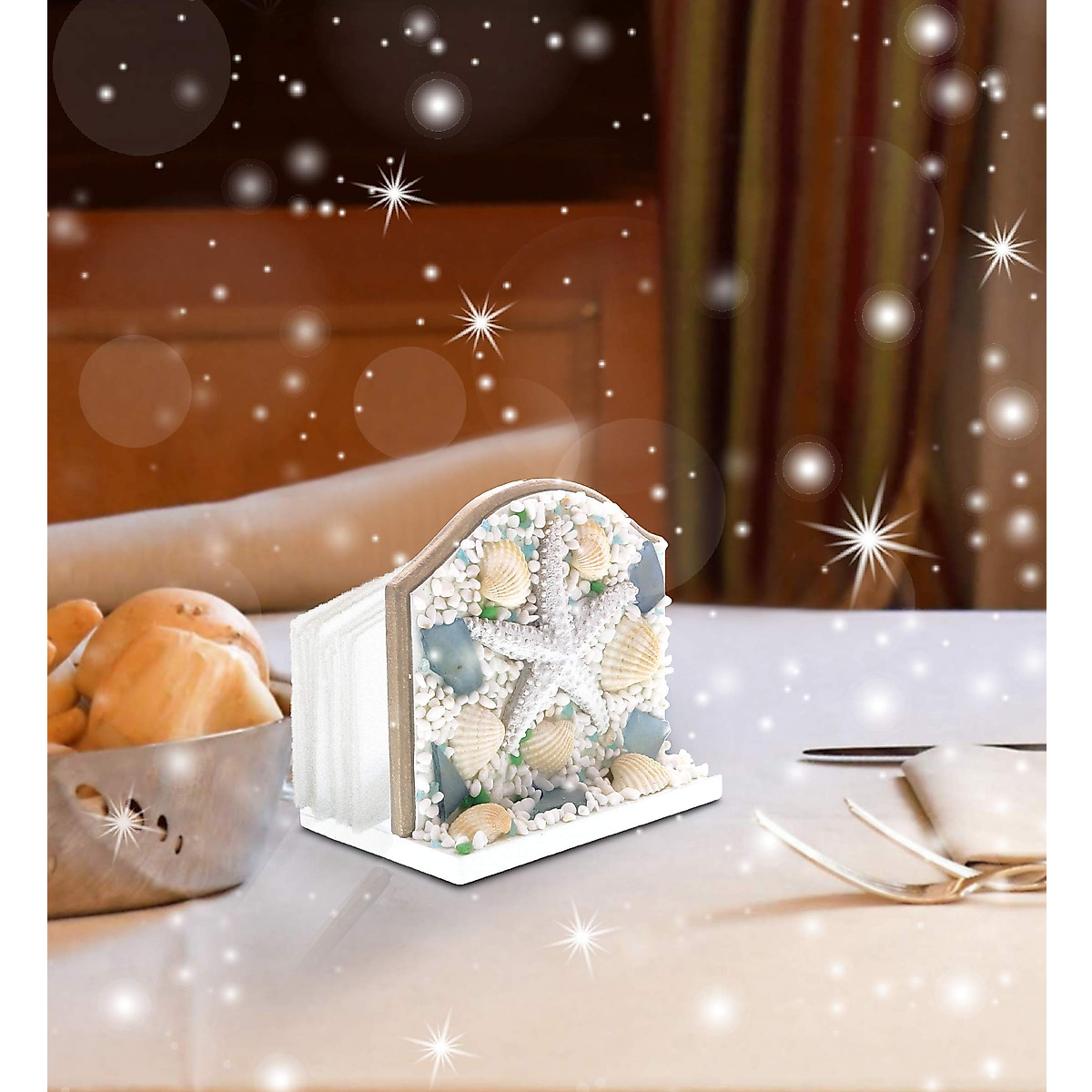 CoTa Global Oceanic Napkin Holder for Table - Nautical Collection Napkin Holders for Kitchen Table, Starfish and Seashell Paper Napkins Holder for Dining Table, Wood Coastal Coffee Table Napkin Holder